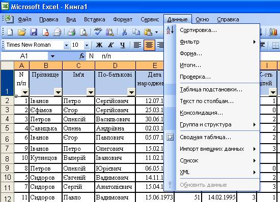Створення та опрацювання баз даних засобами Ms Excel